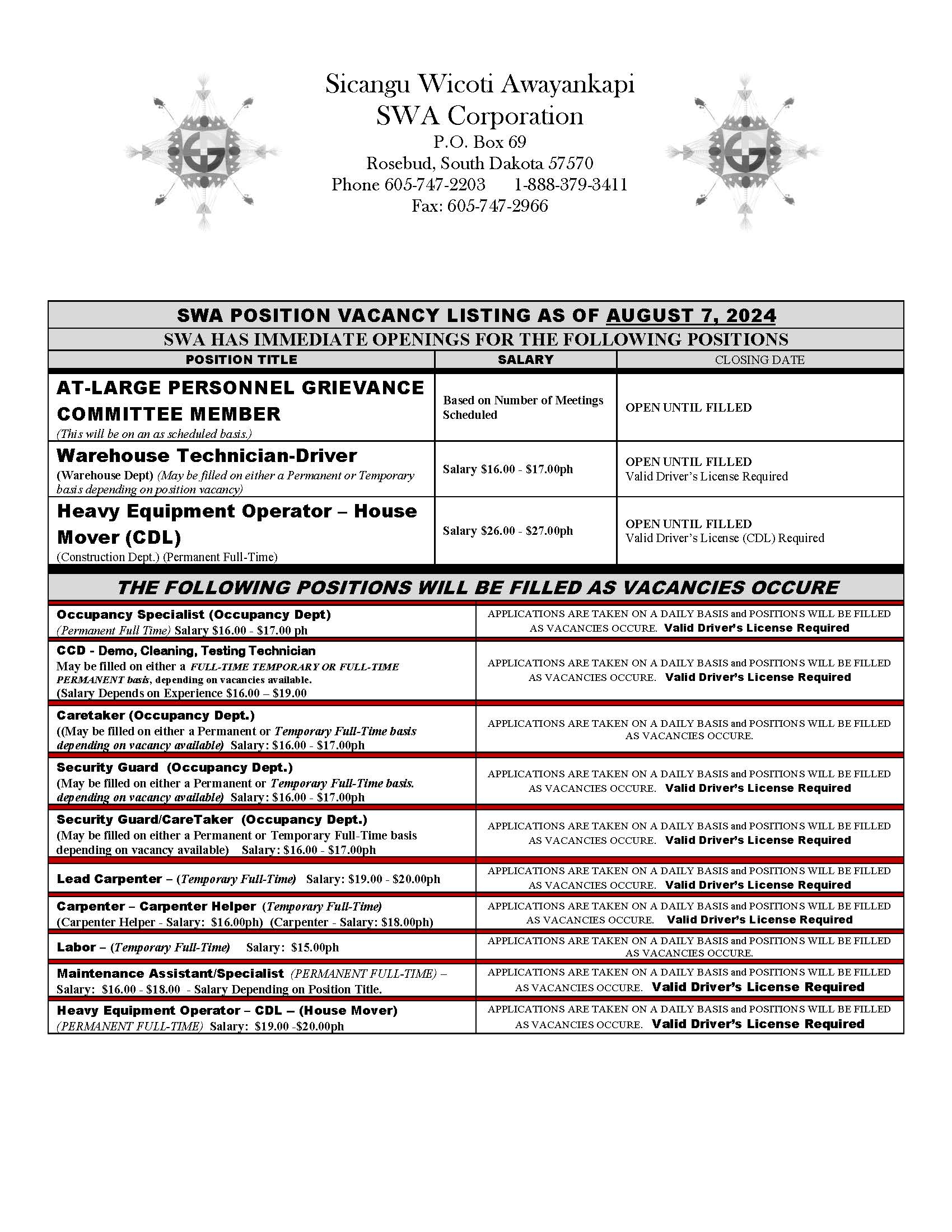 SWA Job Vacancies - SWA Corporation | Rosebud, SD